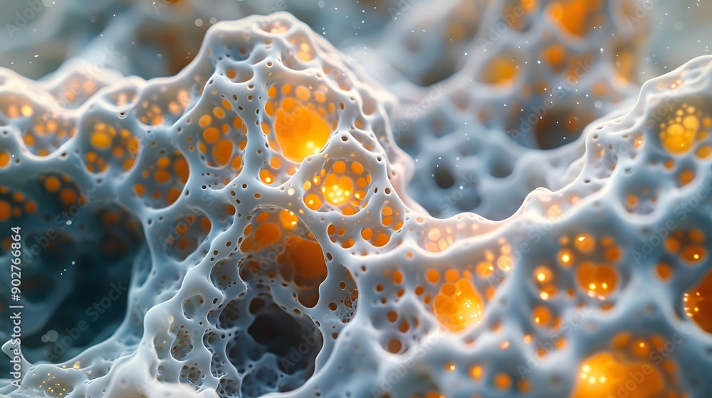 Microscopic cell structure, pale yellow color scheme, interconnected organic shapes, delicate ...