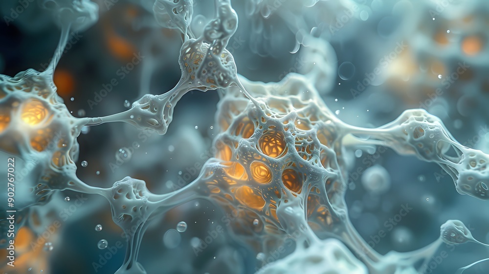 Microscopic cell structure, pale yellow color scheme, interconnected organic shapes, delicate ...