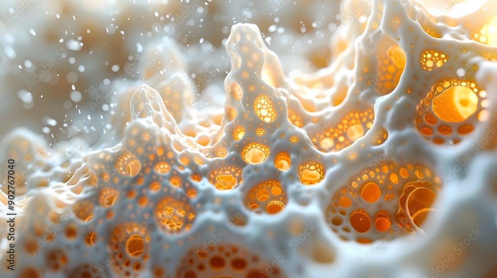 Microscopic cell structure, pale yellow color scheme, interconnected organic shapes, delicate ...