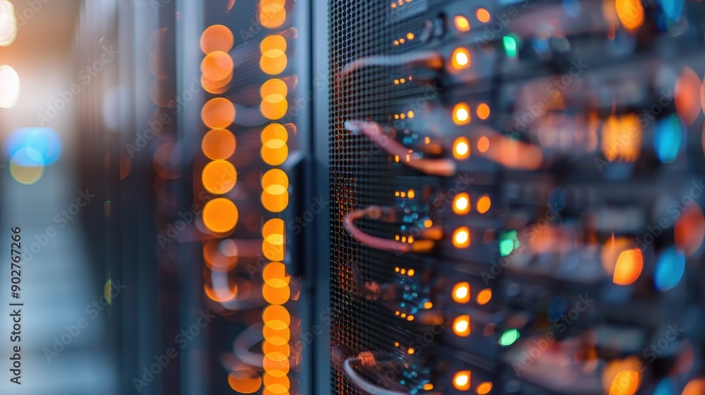 A focused view of glowing servers with multi-colored blinking lights in a high-tech data center ...