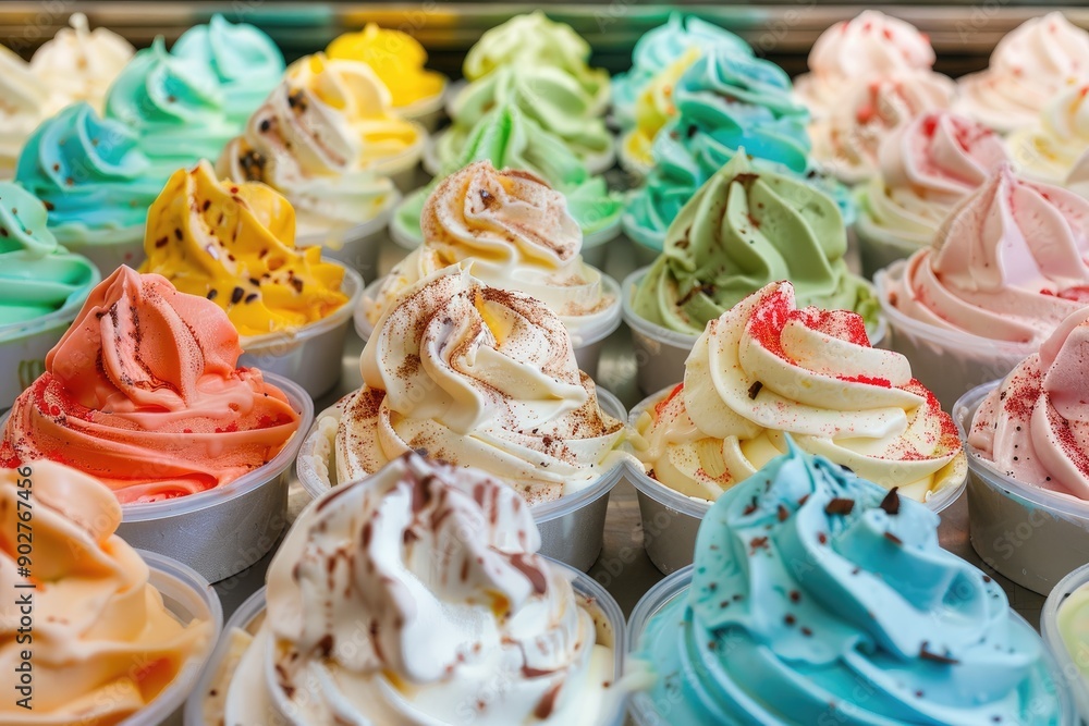 A row of colorful ice cream cups with different flavors and toppings ...