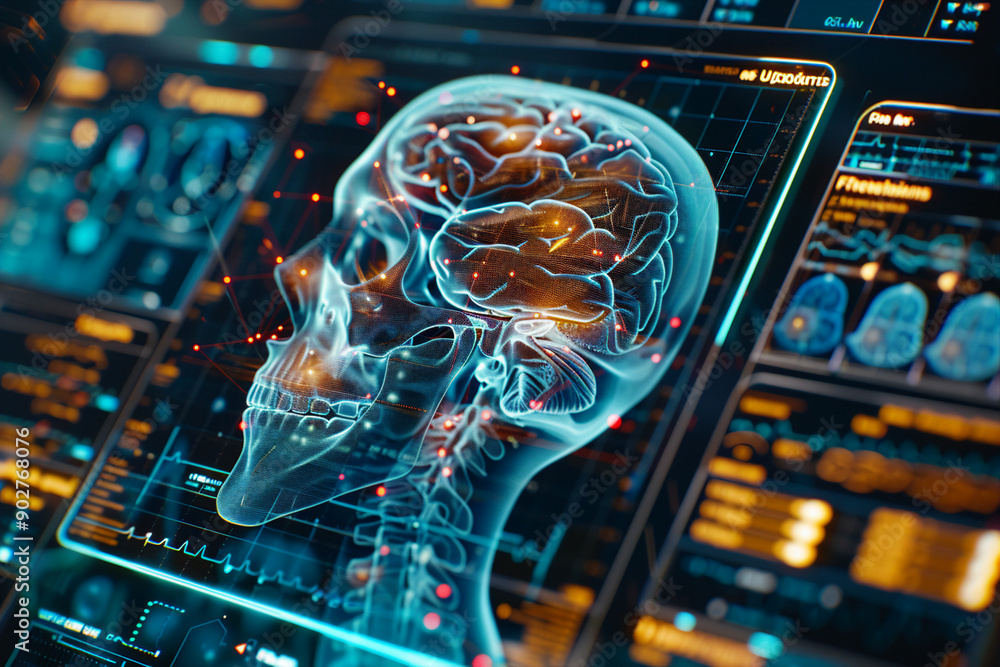 Advanced medical imaging technology in neon blue showcasing a series of ...