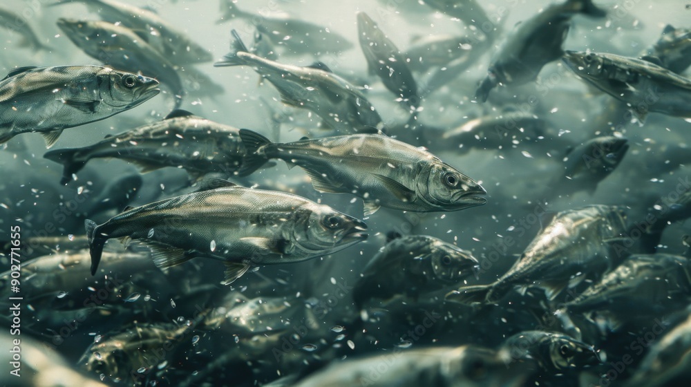 Large school of fish is swimming in unison, their scales shimmering as ...