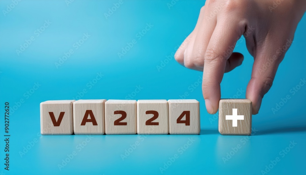 Value add concept. Hand place wooden cube with plus sign on light blue ...