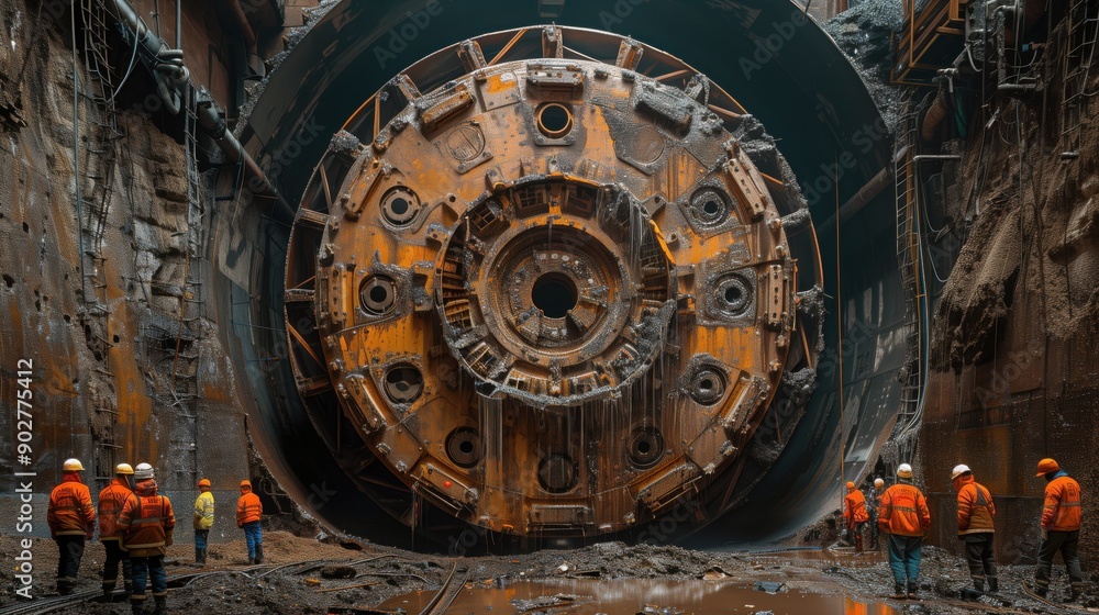 Engineers Inspecting Tunnel Boring Machine. Engineers in orange jackets ...