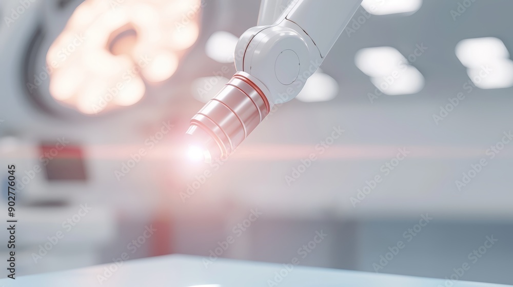 A detailed shot of a robot using a microscope to analyze blood samples ...