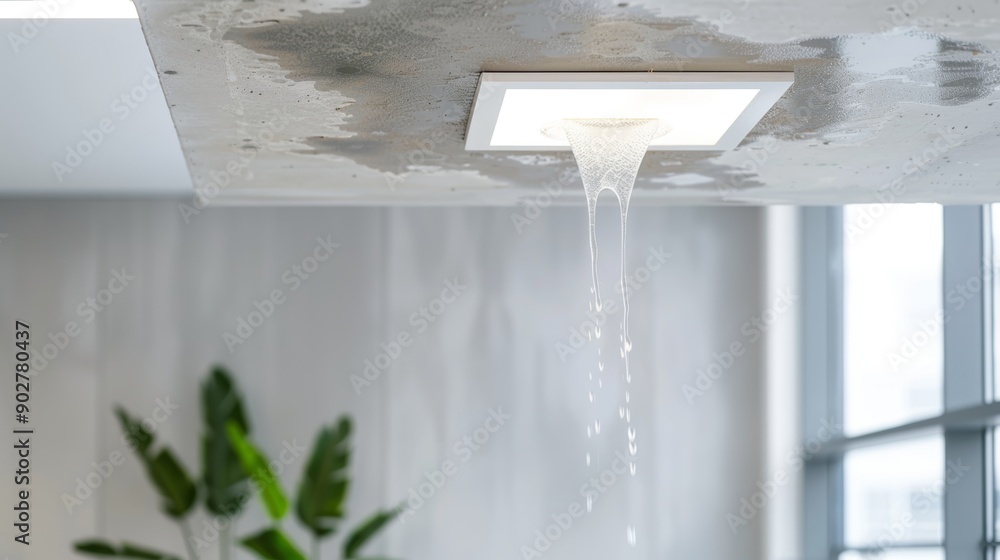 A modern office ceiling with water stains and mold forming due to a ...