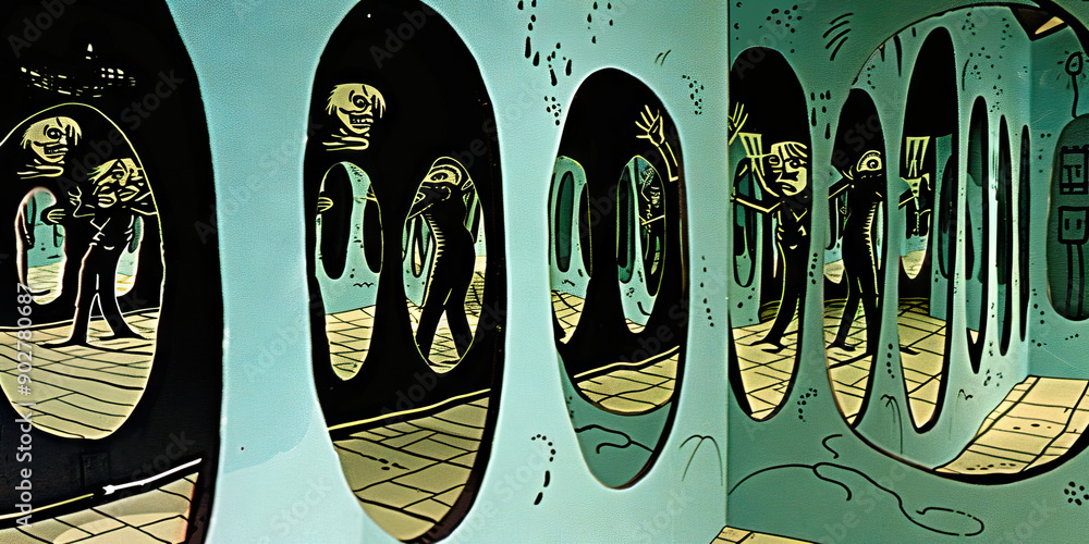 The Twisted Mirror Maze: A hall of distorted mirrors, reflecting ...