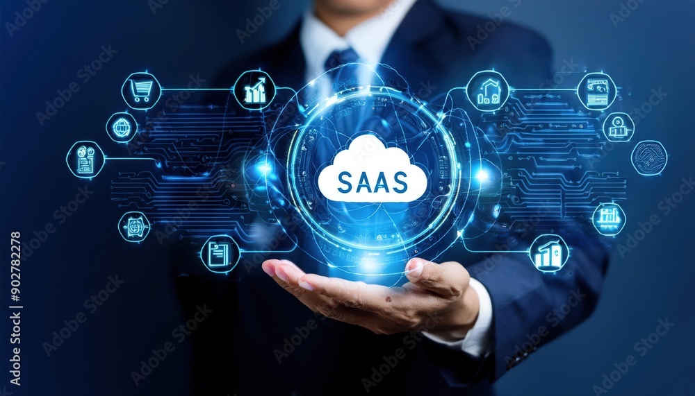 SaaS or software as a service concept. Businessman interacting with digital icons for SaaS, AI ...