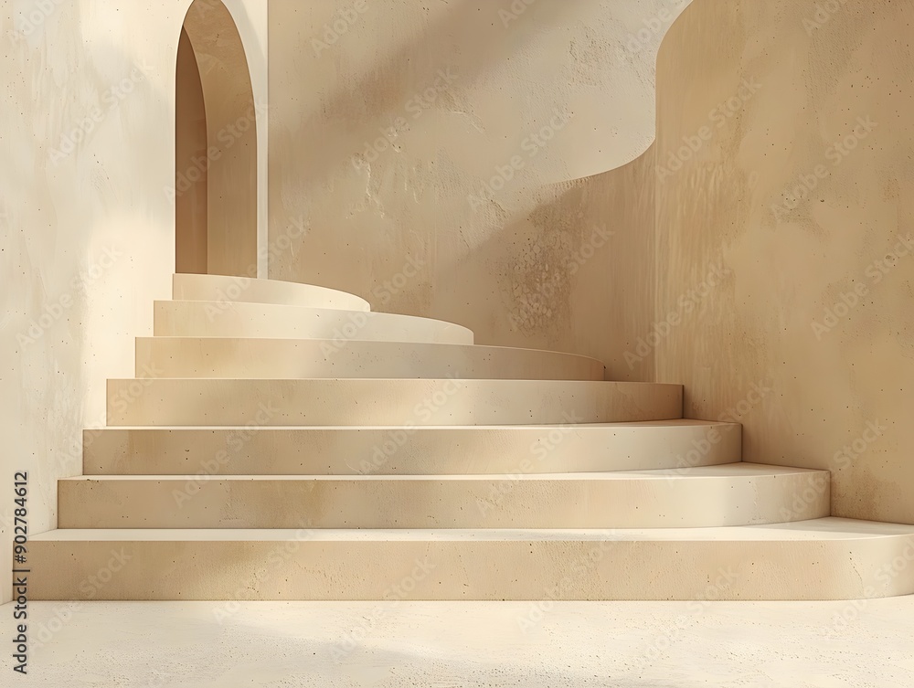 Curved staircase with beige textured walls and soft light, leading to ...