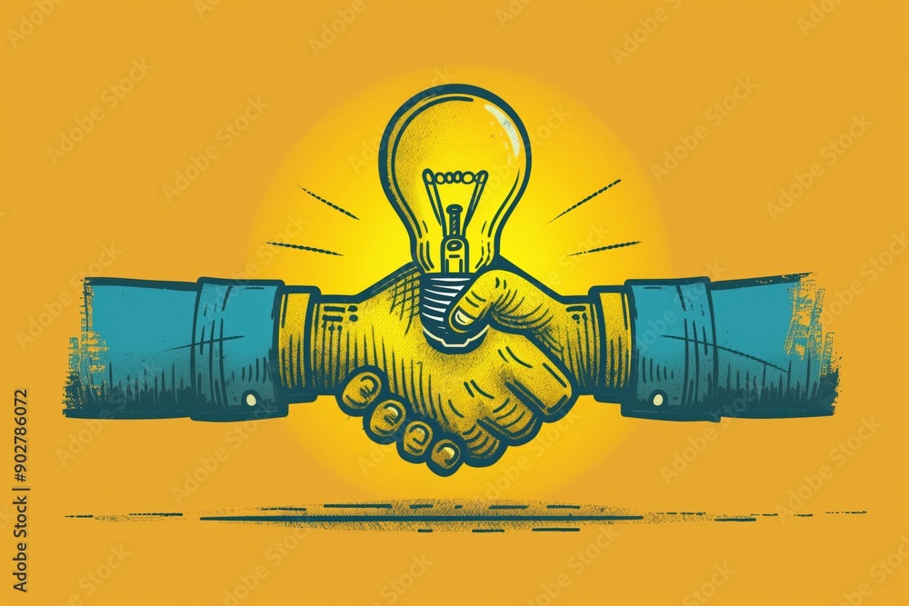 Line art of a handshake with lightbulb, [Business Partnership ...
