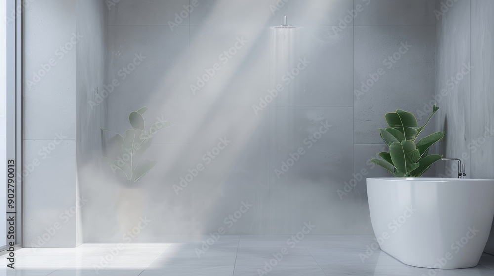 A modern bathroom with a humid atmosphere, steam rising and ...