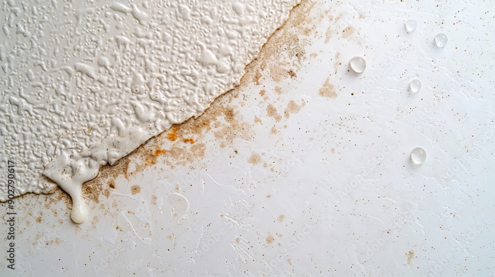 Ceiling with water stains and droplets forming, some in mid-drip ...