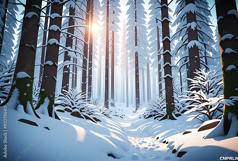 beautiful snow covered woodland forest scene video game style anime ...