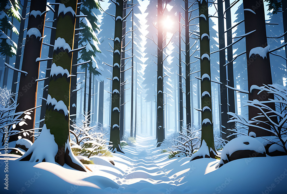 beautiful snow covered woodland forest scene video game style anime ...