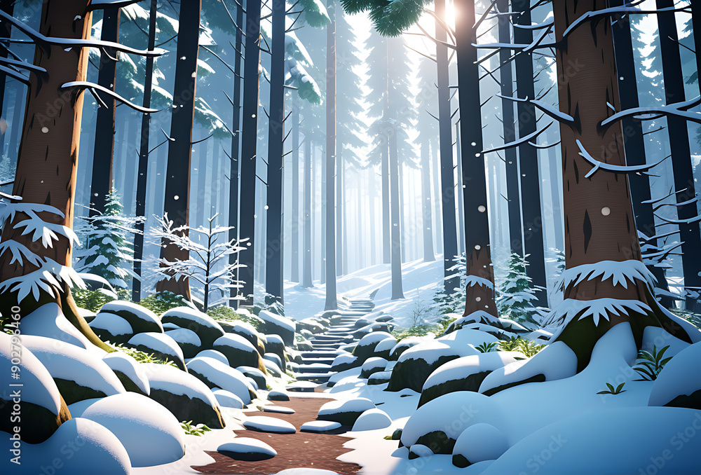 beautiful snow covered woodland forest scene video game style anime ...