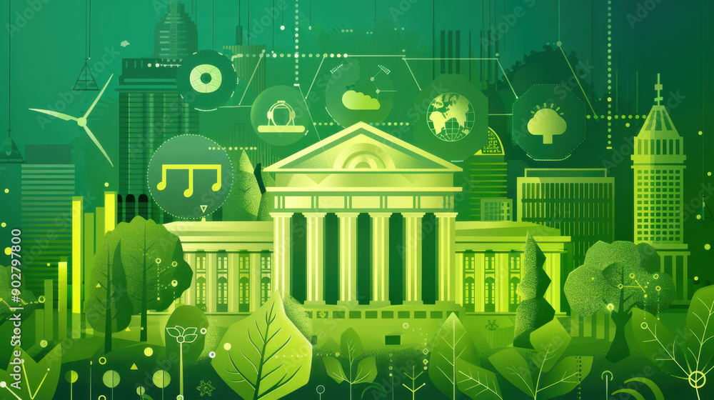 Urban landscape illustration showcasing greenery, modern architecture ...