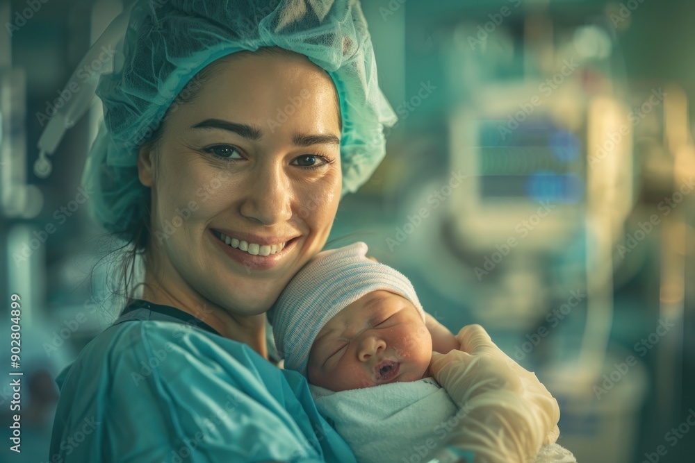 hospital where a new mother in scrubs and a surgical cap is holding her ...