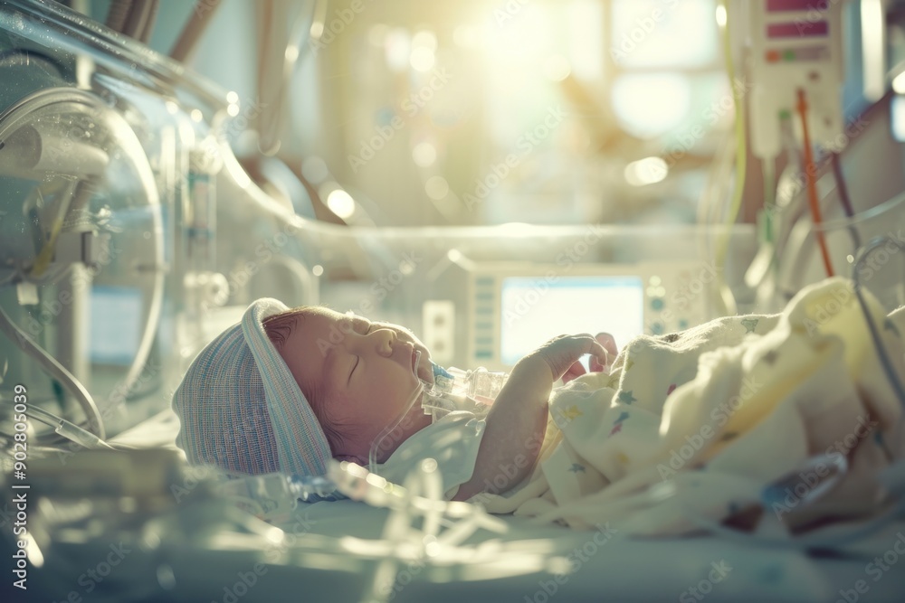 bright hospital room where a newborn baby is lying in a specialized ...