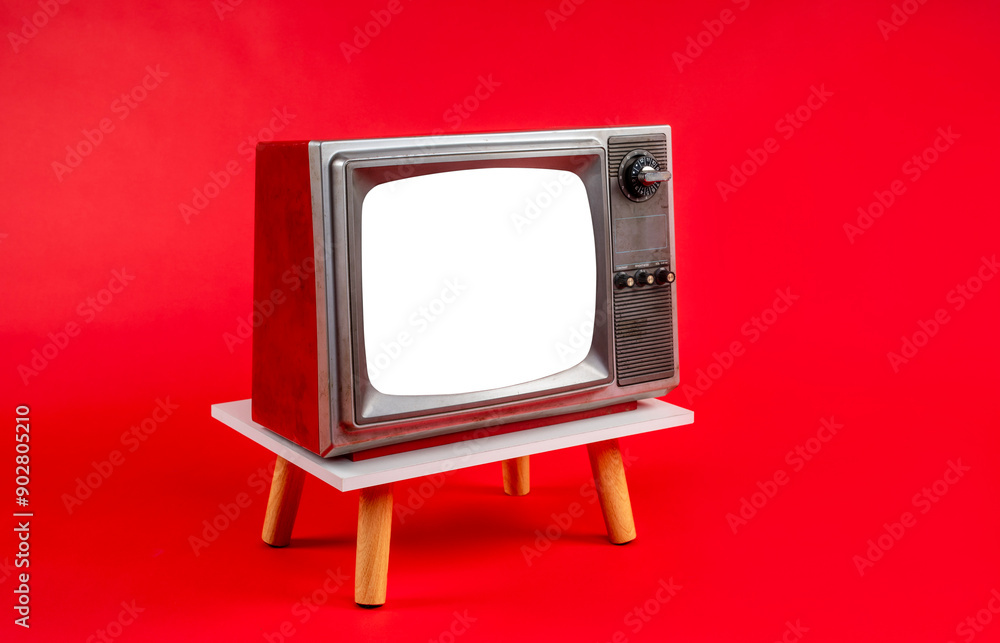 Red old television on stand with white screen, vintage analog old ...