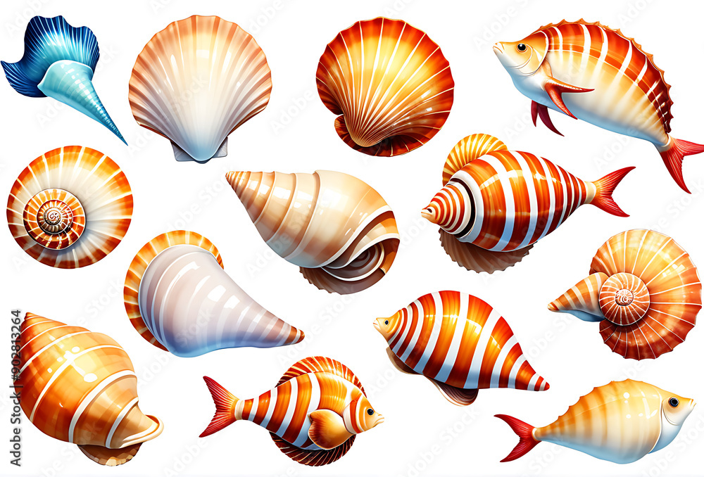 watercolor cartoon sea shells collection isolated white background fish ...