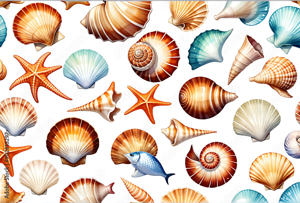 watercolor cartoon sea shells collection isolated white background fish ...