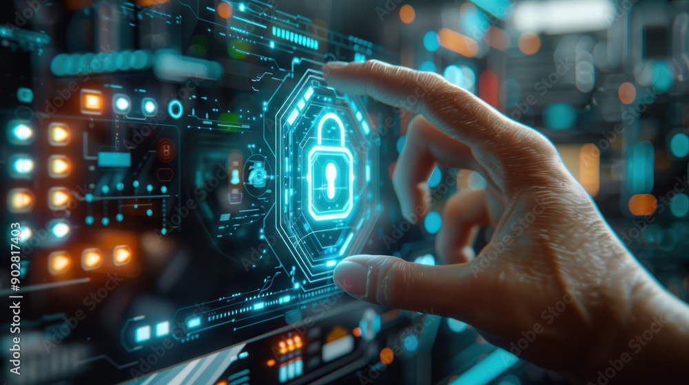 AI cyber security, Detailed shot of a fingertip about to touch a bright ...