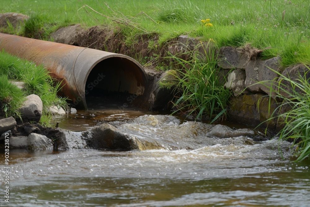 A close-up view of dirty water flowing out from an open sewer pipe into ...