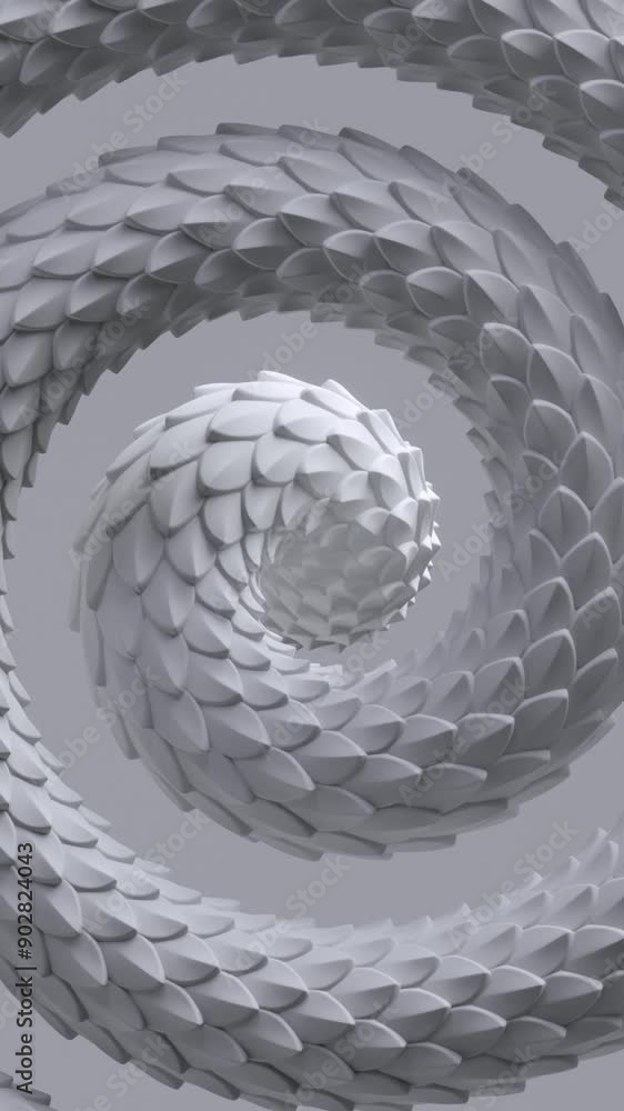 3d looped vertical video of a white snake skin hypnotic helix. Abstract ...