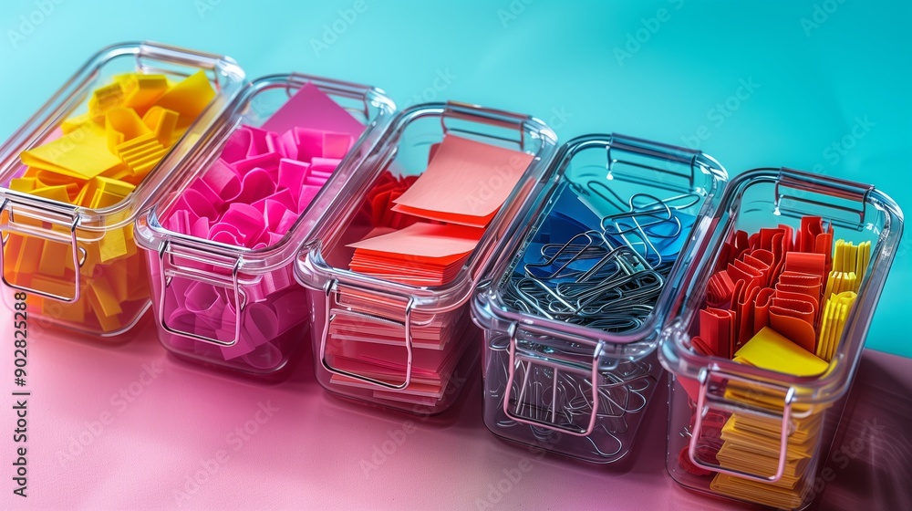Five clear plastic containers filled with office supplies like paper ...