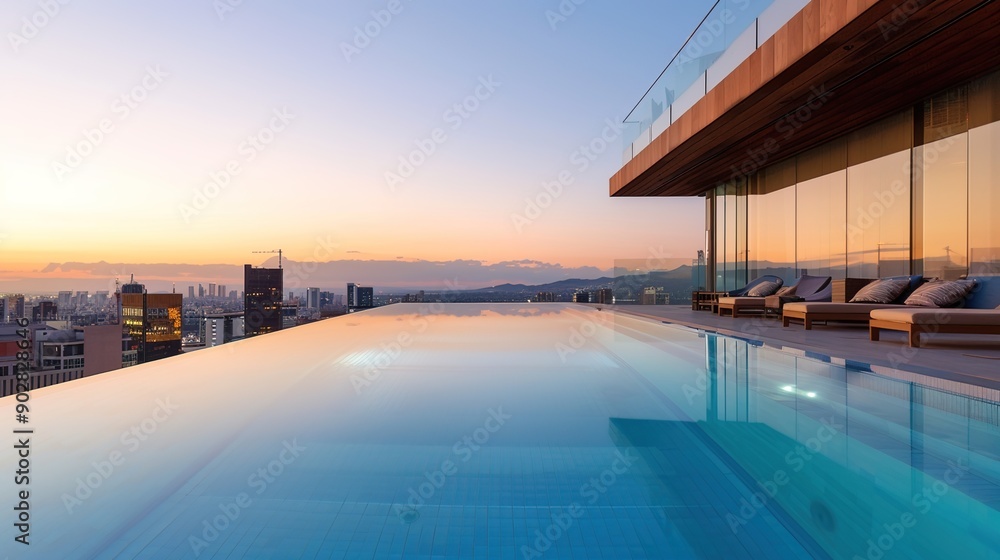 Tranquil Sunset Oasis: Rooftop Hotel Pool Overlooking City Skyline with ...