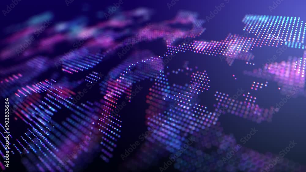 Digital, fluorescent map of the world. Neon dot landscape. Hacker ...