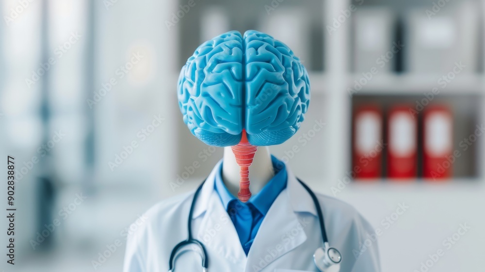Surreal image of a doctor with a human brain head, symbolizing medical ...