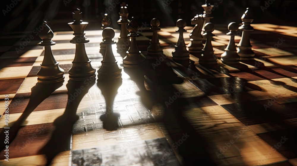 Chessboard with pieces casting pronounced shadows under a gentle light ...