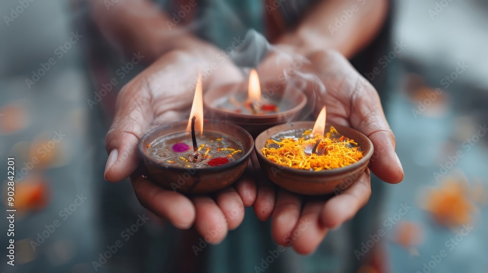 Hands holding multiple offering bowls with lit candles and aromatic ...