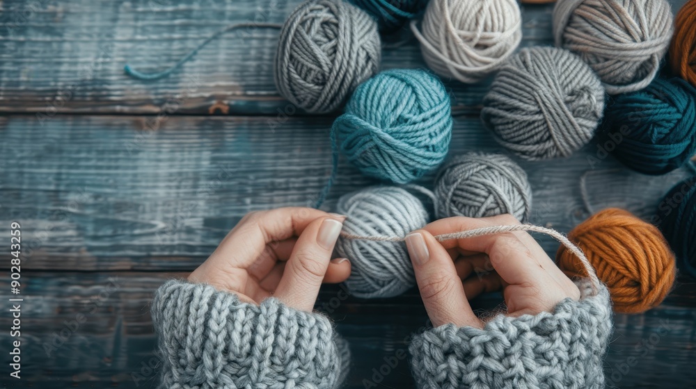 Two hands are weaving threads into a piece of knitting with multiple ...