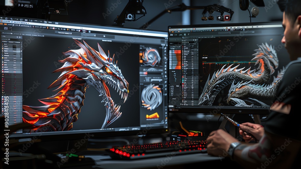 Designer creating a 3D model of a fantastical creature, creative ...