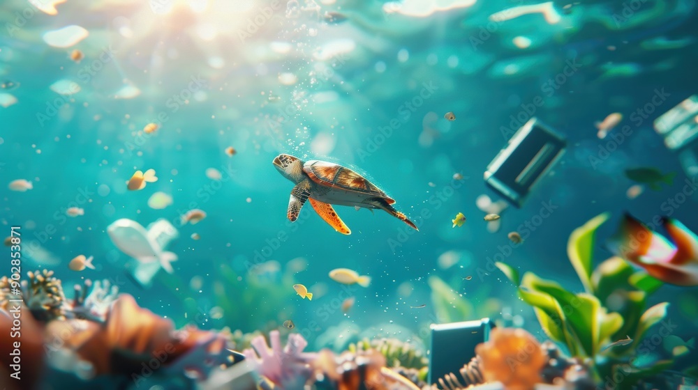 An underwater world with marine creatures weaving through discarded ...