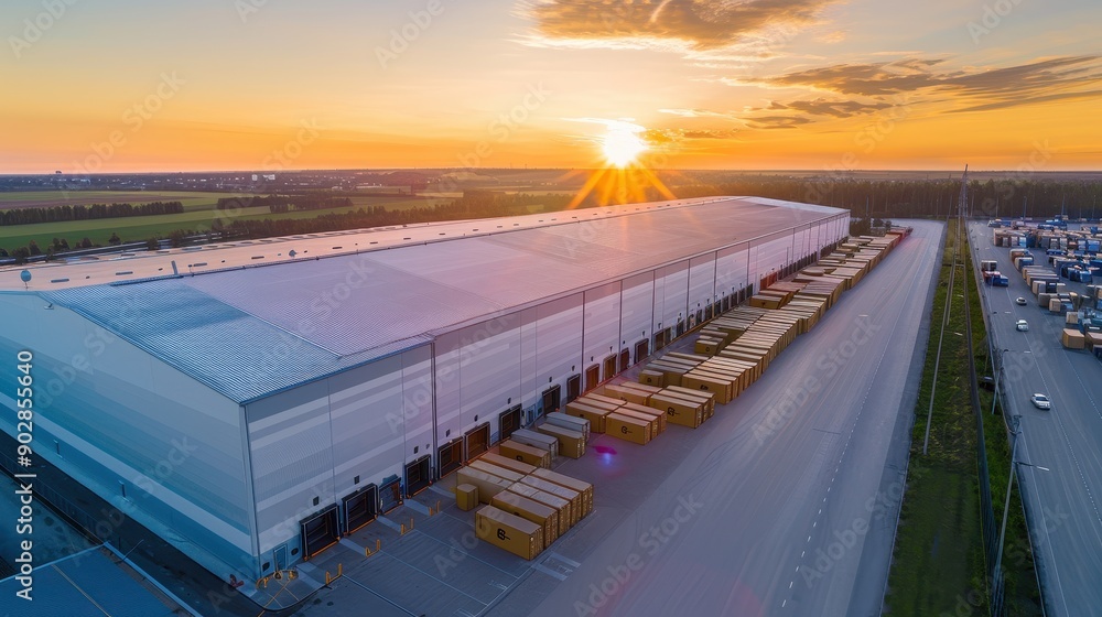Evening Aerial Overview of a Logistics Hub, showcasing organized ...