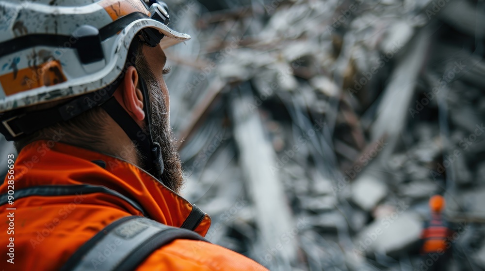 A rescue worker surveys the rubble after a catastrophic event ...