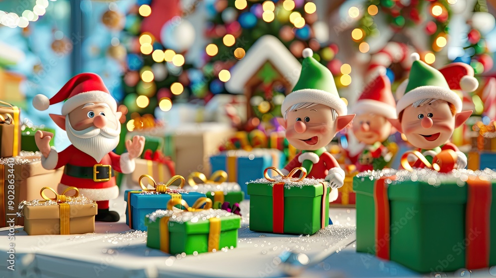 Charming animated scene of Santa and his elves working in a festive ...