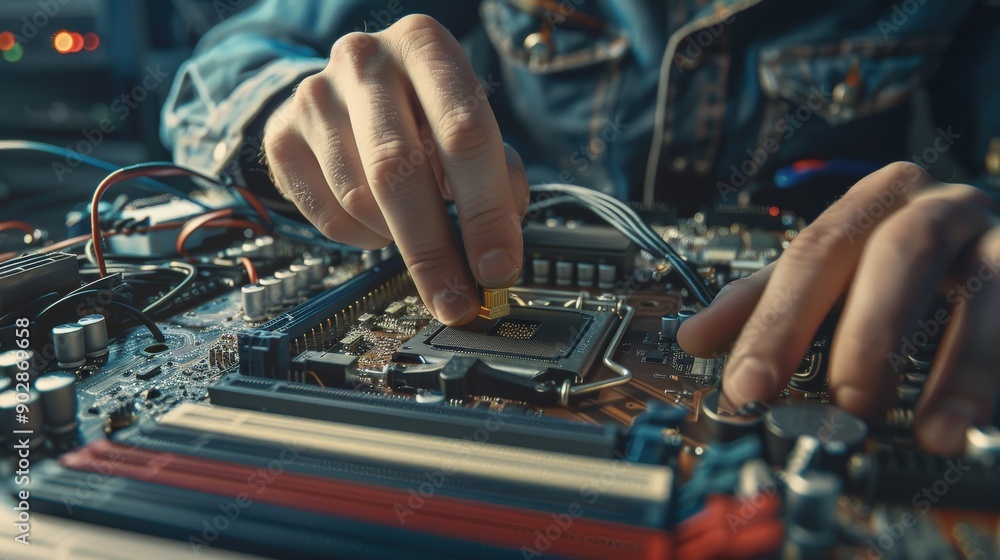 A technician carefully installs a new motherboard into a desktop ...