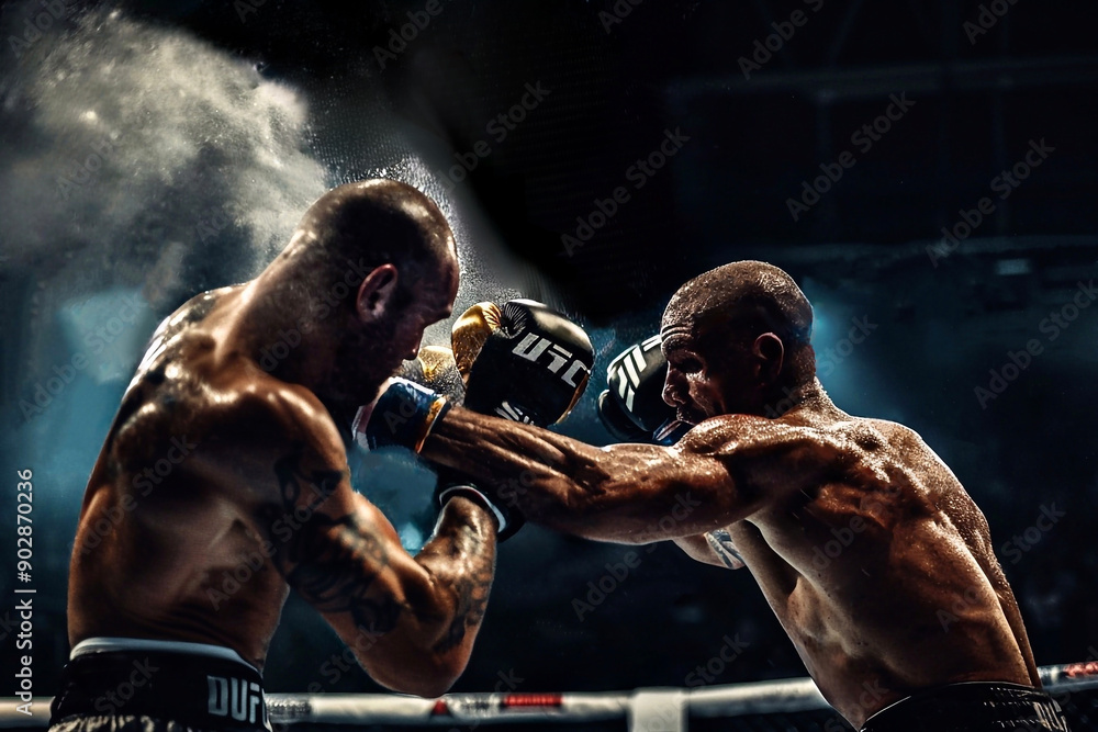 In the ring, two professional boxers compete intently, one of them ...