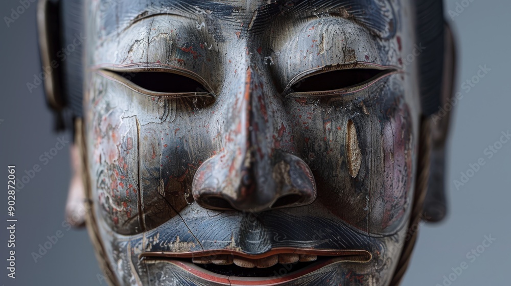 A detailed traditional Japanese noh mask is showcased, highlighting its ...