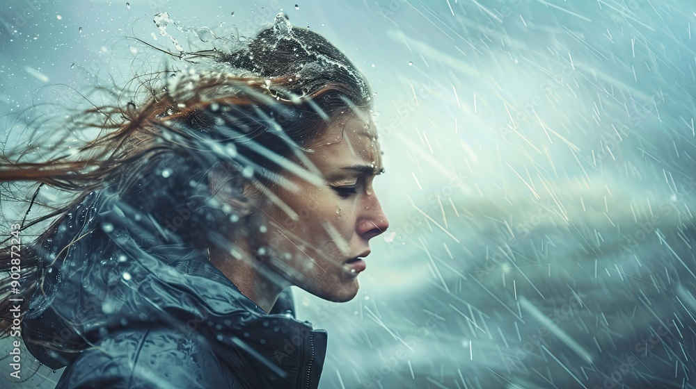 Woman Fighting Wind Blow During a Rainstorm Tempest Strong windy bad ...