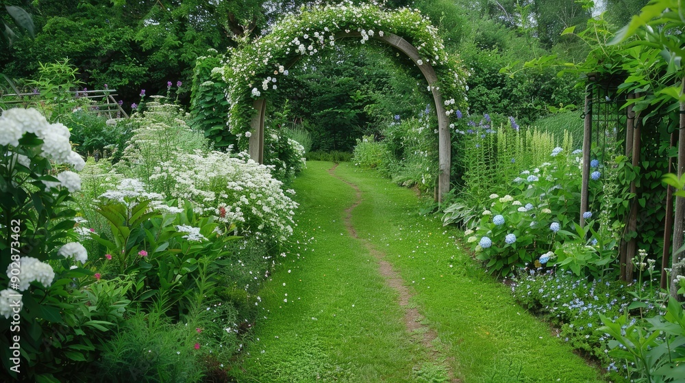 White and blue natural english cottage garden view with curvy pathway ...
