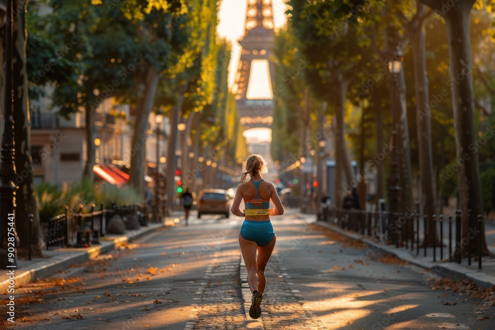 A female athlete running along a tree-lined avenue in Paris, the Eiffel ...