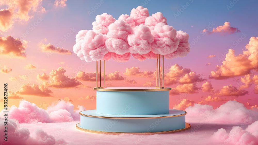 cotton candy product display podium, clouds, product stand with product presentation space out ...