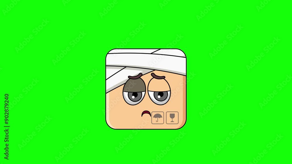 cardboard box emoticon face with head bandage, emoji loop animation ...