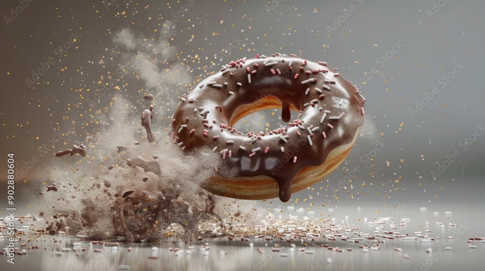 Floating 3D rendering of a chocolate donut with icing and sugar ...